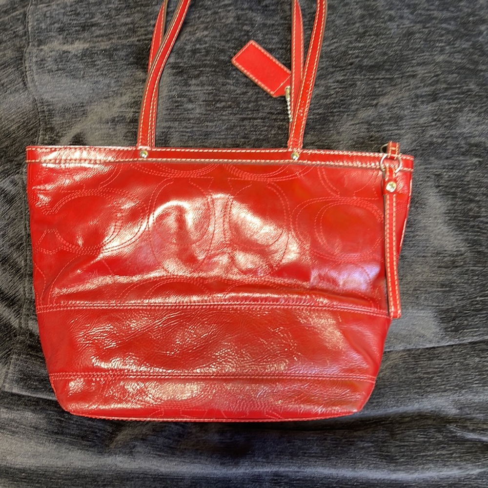 Coach Signature Patent Leather Bright Red Tote - Gem